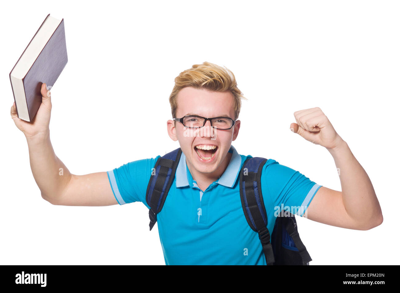 Angry student with books isolated on white Stock Photo - Alamy