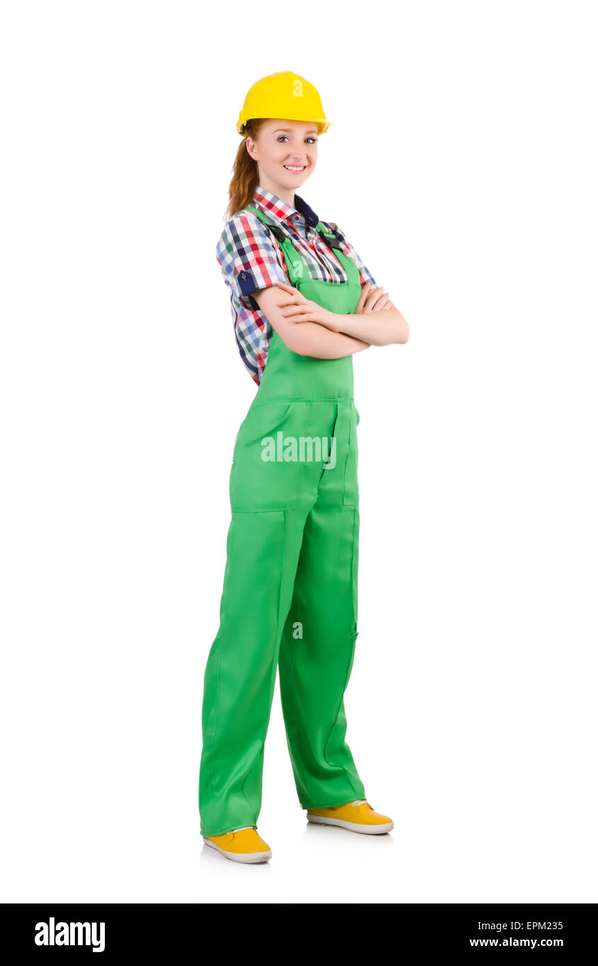 Female handyman in overalls isolated on white Stock Photo - Alamy