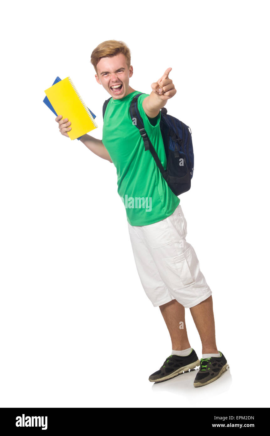 Angry student with books isolated on white Stock Photo - Alamy