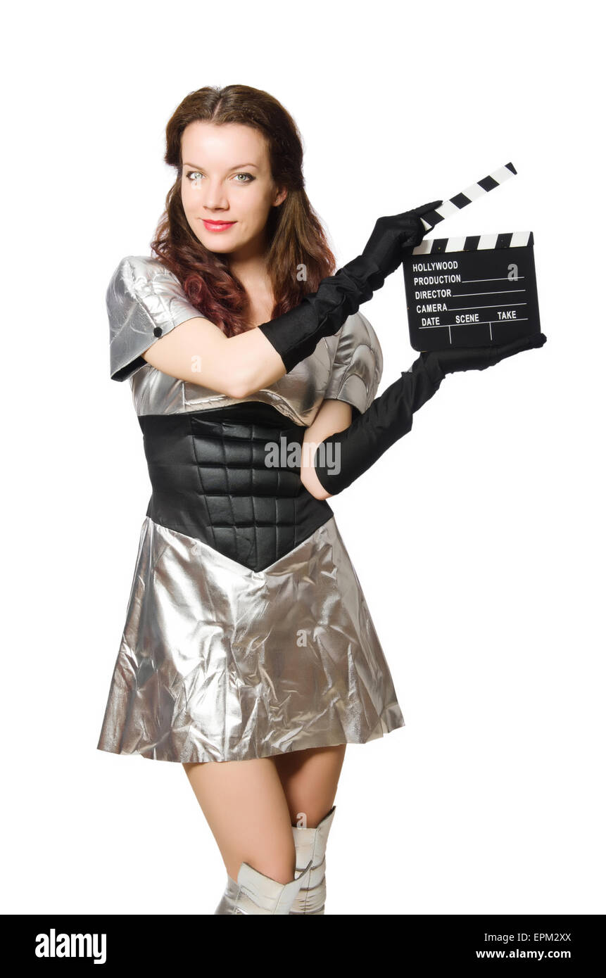 Woman in tech concept isolated on white Stock Photo - Alamy