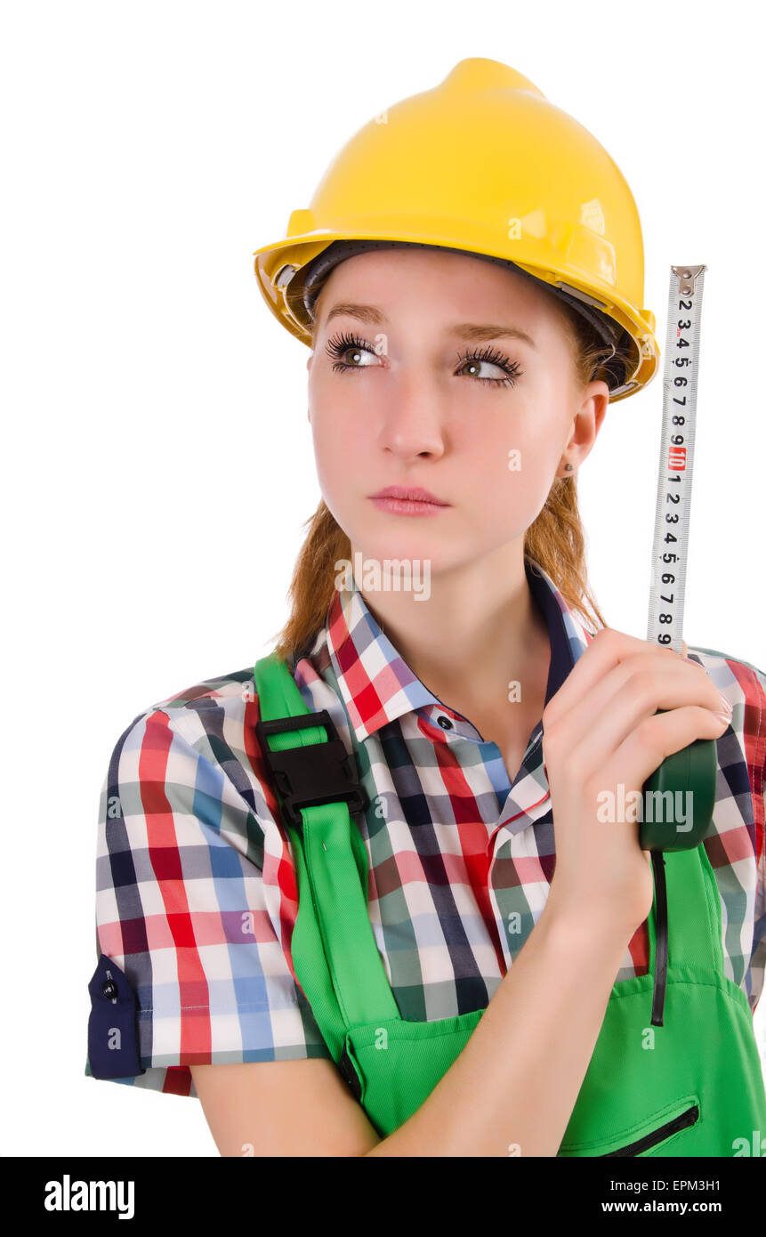 Female handyman in overalls isolated on white Stock Photo - Alamy