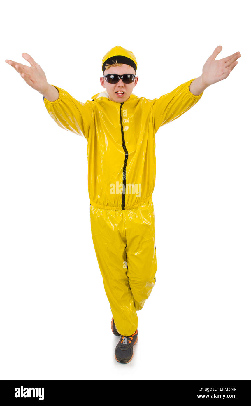 Man in yellow suit isolated on white Stock Photo - Alamy