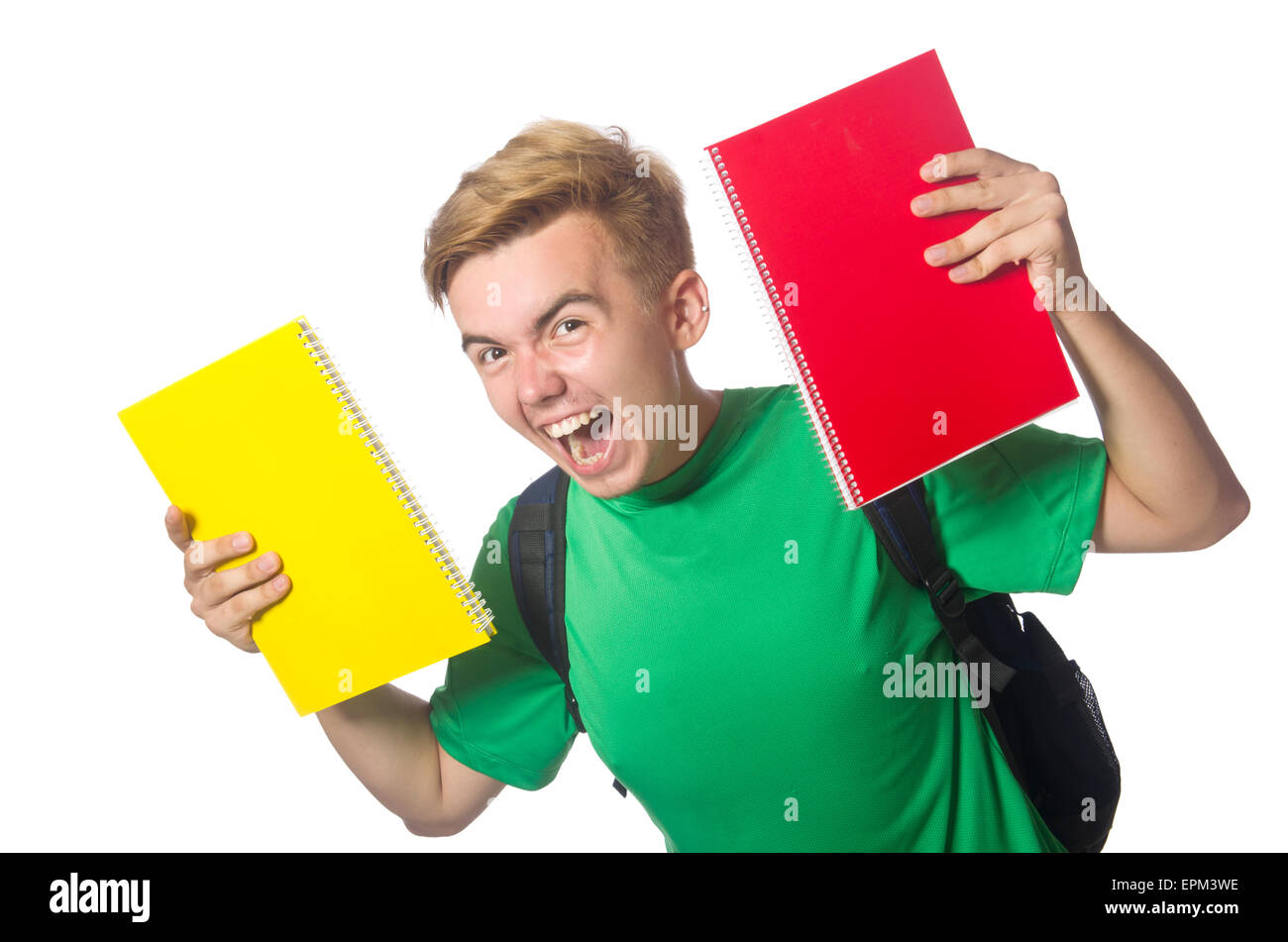 Angry student with books isolated on white Stock Photo - Alamy