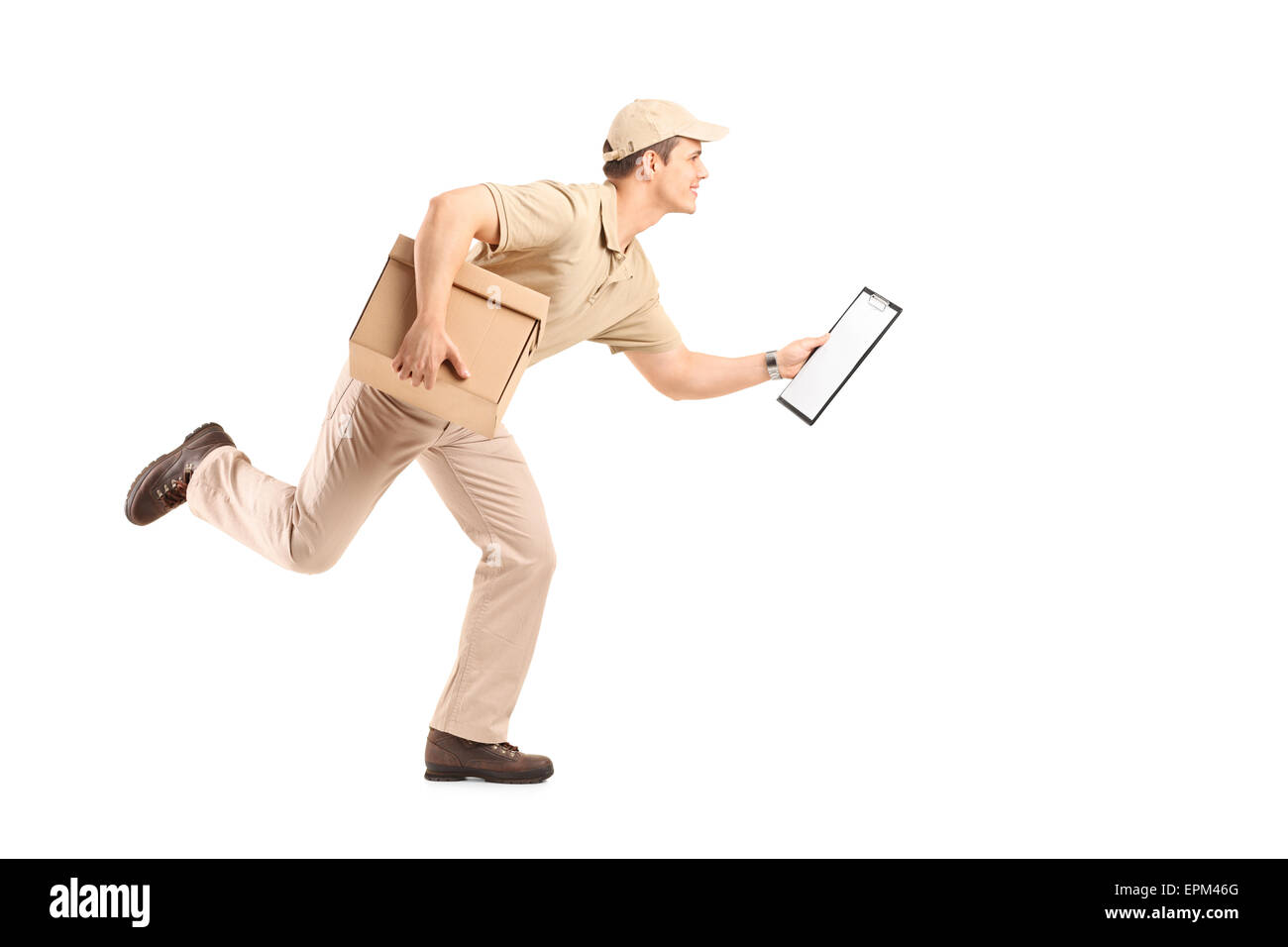 Full length portrait of a delivery guy running with a cardboard box and ...