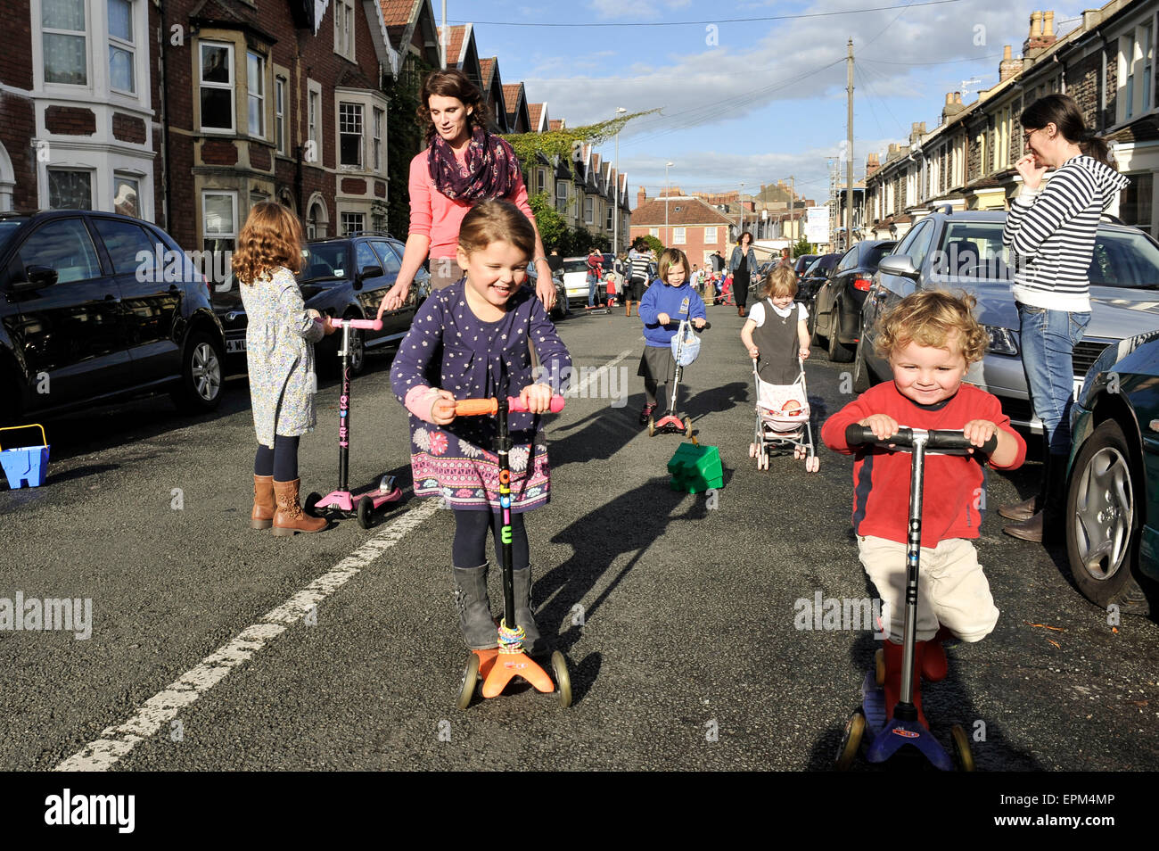 Children safely playing in a closed to traffic street in Bristol as ...
