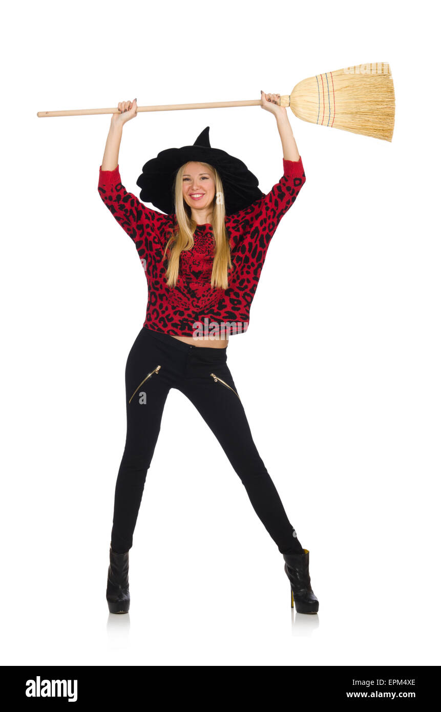 Funny witch with broom isolated on white Stock Photo - Alamy