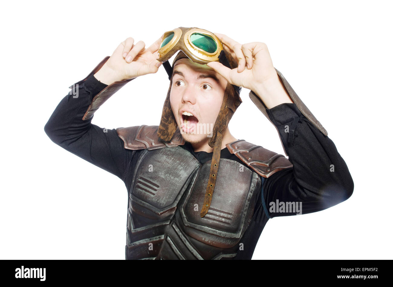 Funny pilot with goggles isolated on white Stock Photo - Alamy