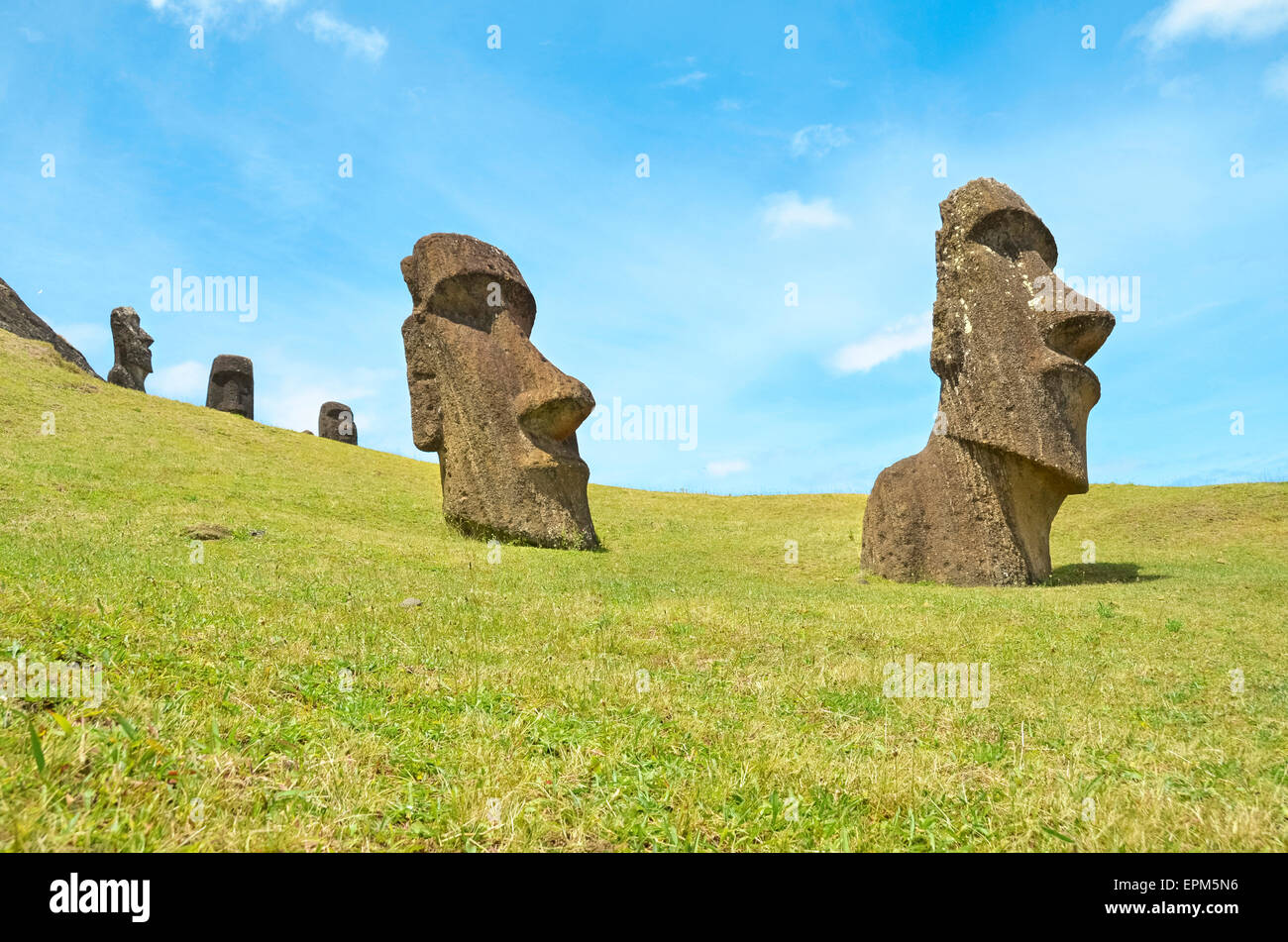 Chile, Easter Island, Moai stone heads in Rano Raraku quarry, Rapa Nui ...