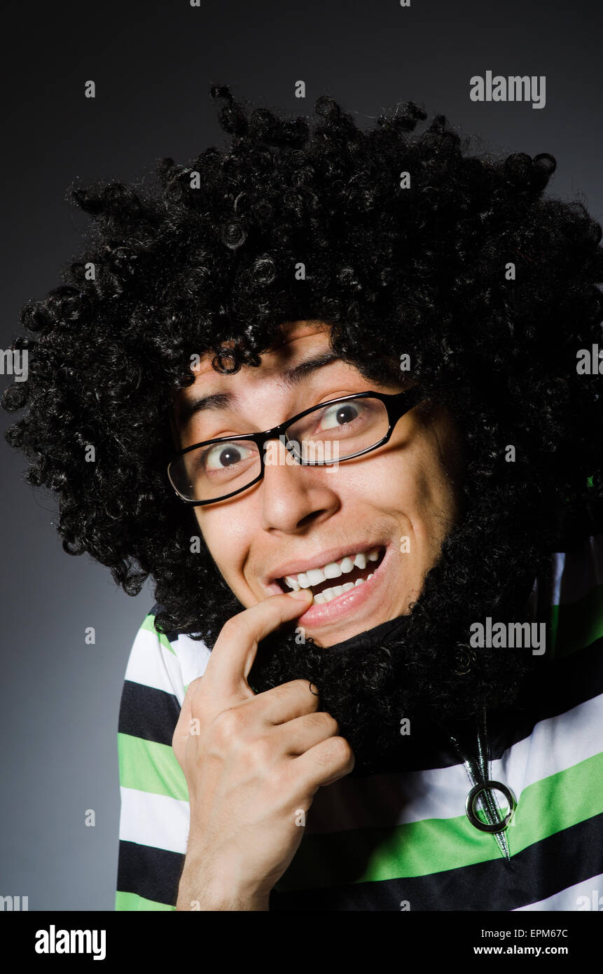 Funny man with afro hairstyle isolated on white Stock Photo - Alamy