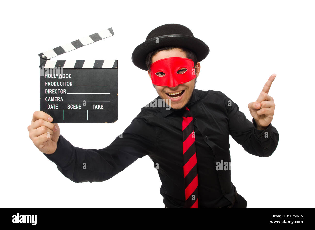 Young man with red mask isolated on white Stock Photo - Alamy