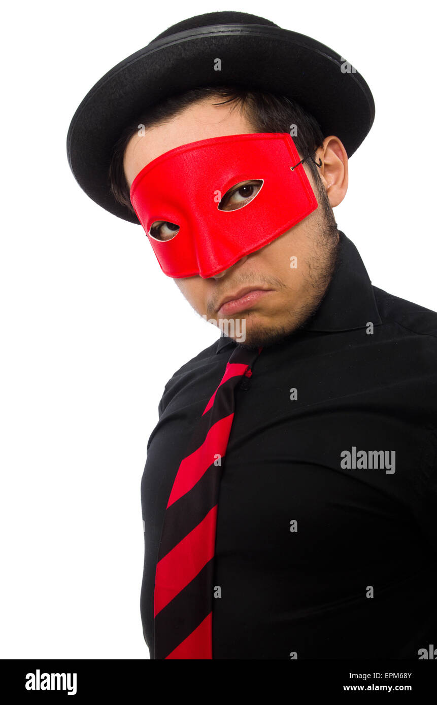 Young man with red mask isolated on white Stock Photo - Alamy