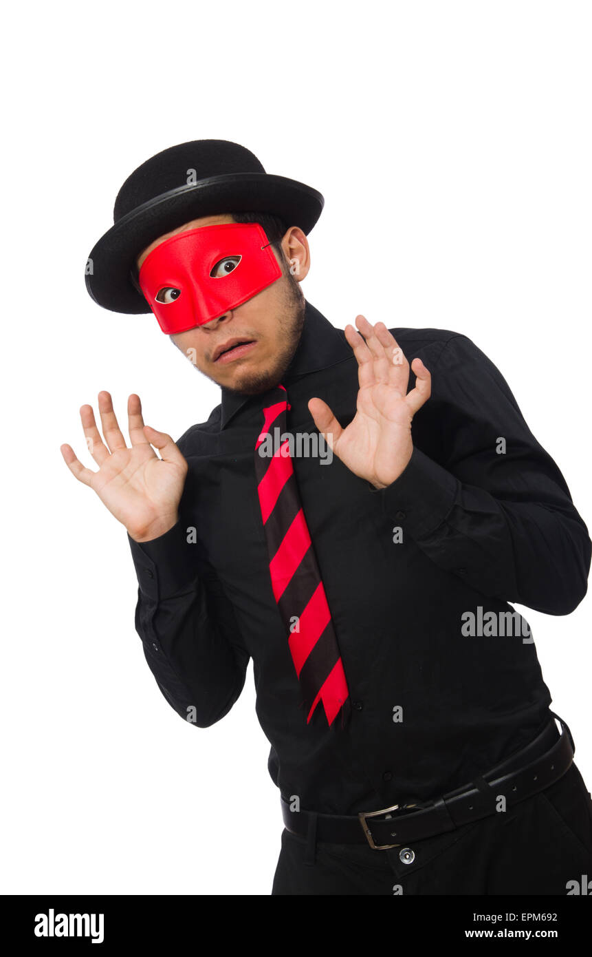 Young man with red mask isolated on white Stock Photo - Alamy