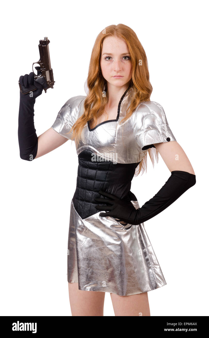 Woman in tech concept isolated on white Stock Photo - Alamy