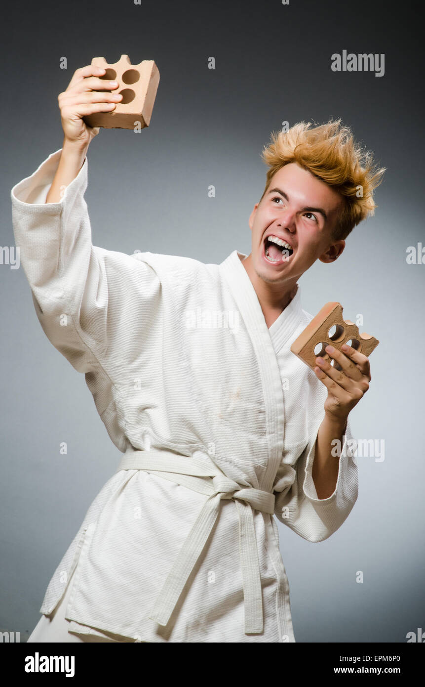 Funny karate fighter with clay brick Stock Photo - Alamy