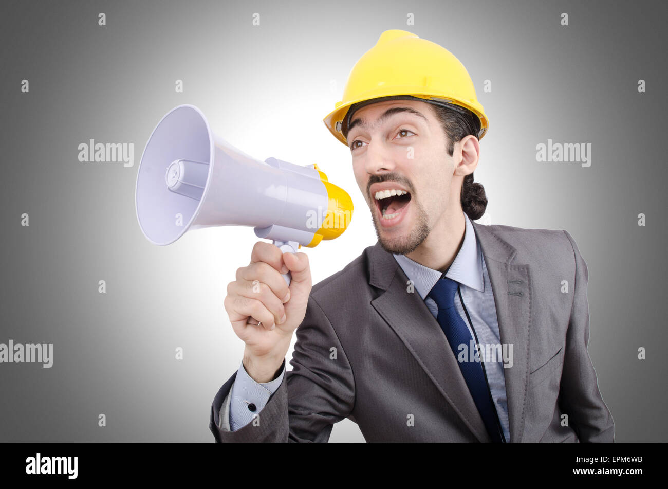 Man shouting and yelling with loudspeaker Stock Photo - Alamy