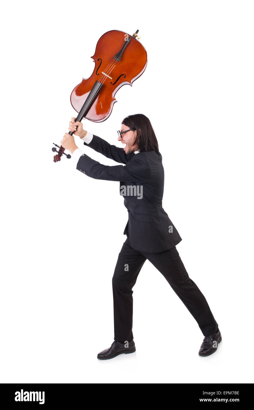 Funny man with music instrument on white Stock Photo - Alamy