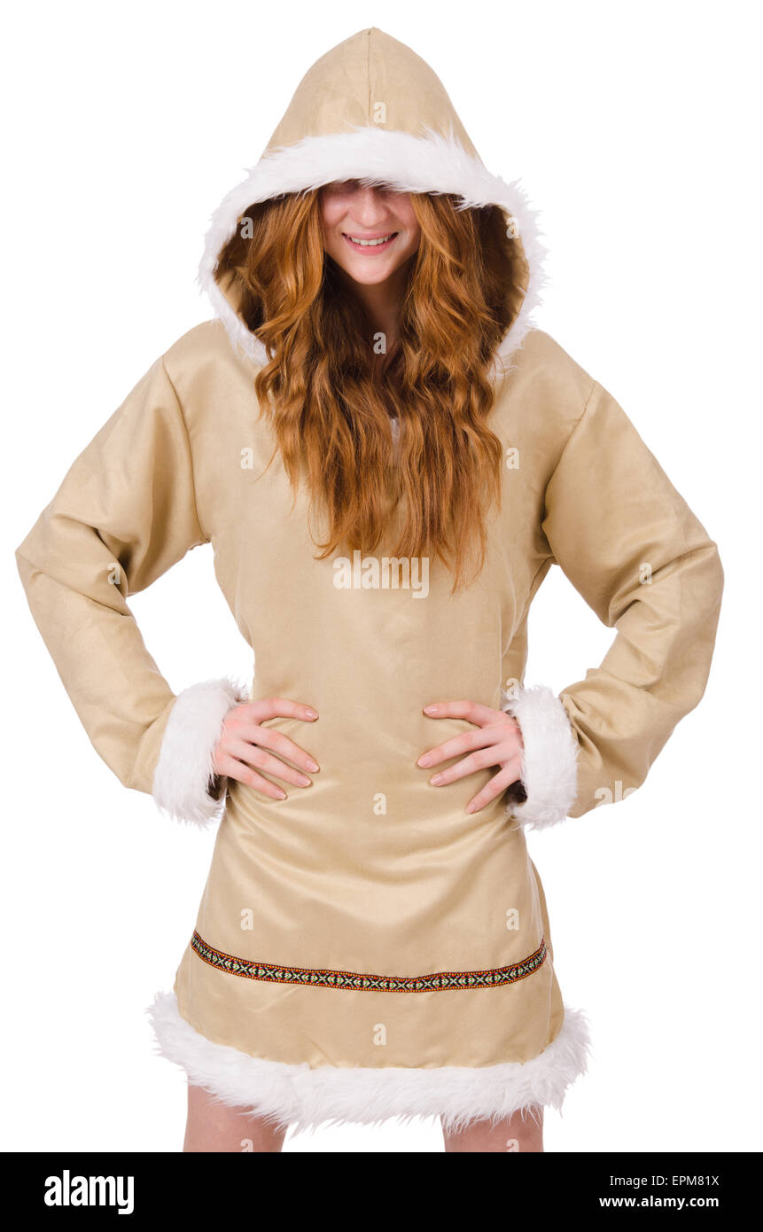 Eskimo girl wearing clothes of all fur isolated on white Stock Photo ...