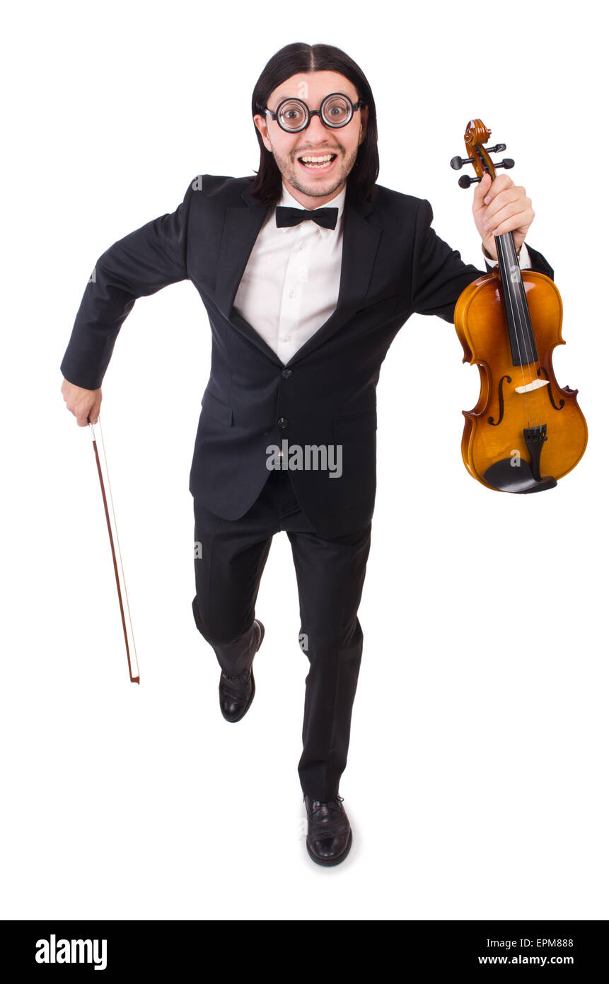 Funny man with music instrument on white Stock Photo - Alamy
