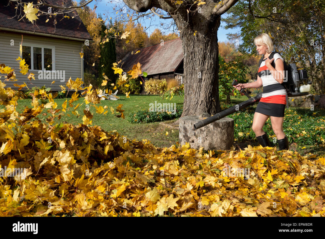 Woman using leaf blower in her garden hi-res stock photography and ...