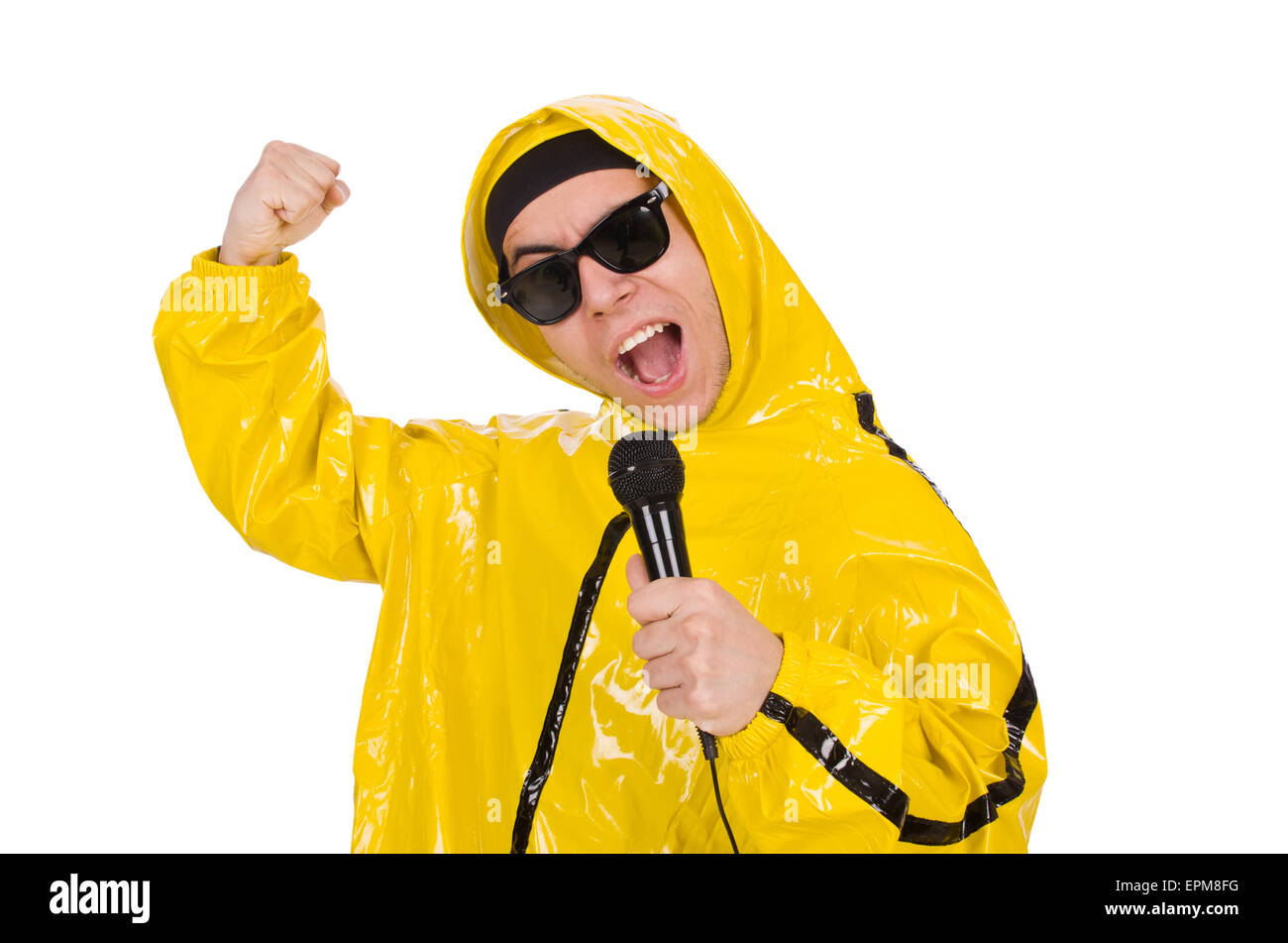 Funny performer with mic isolated on the white Stock Photo - Alamy