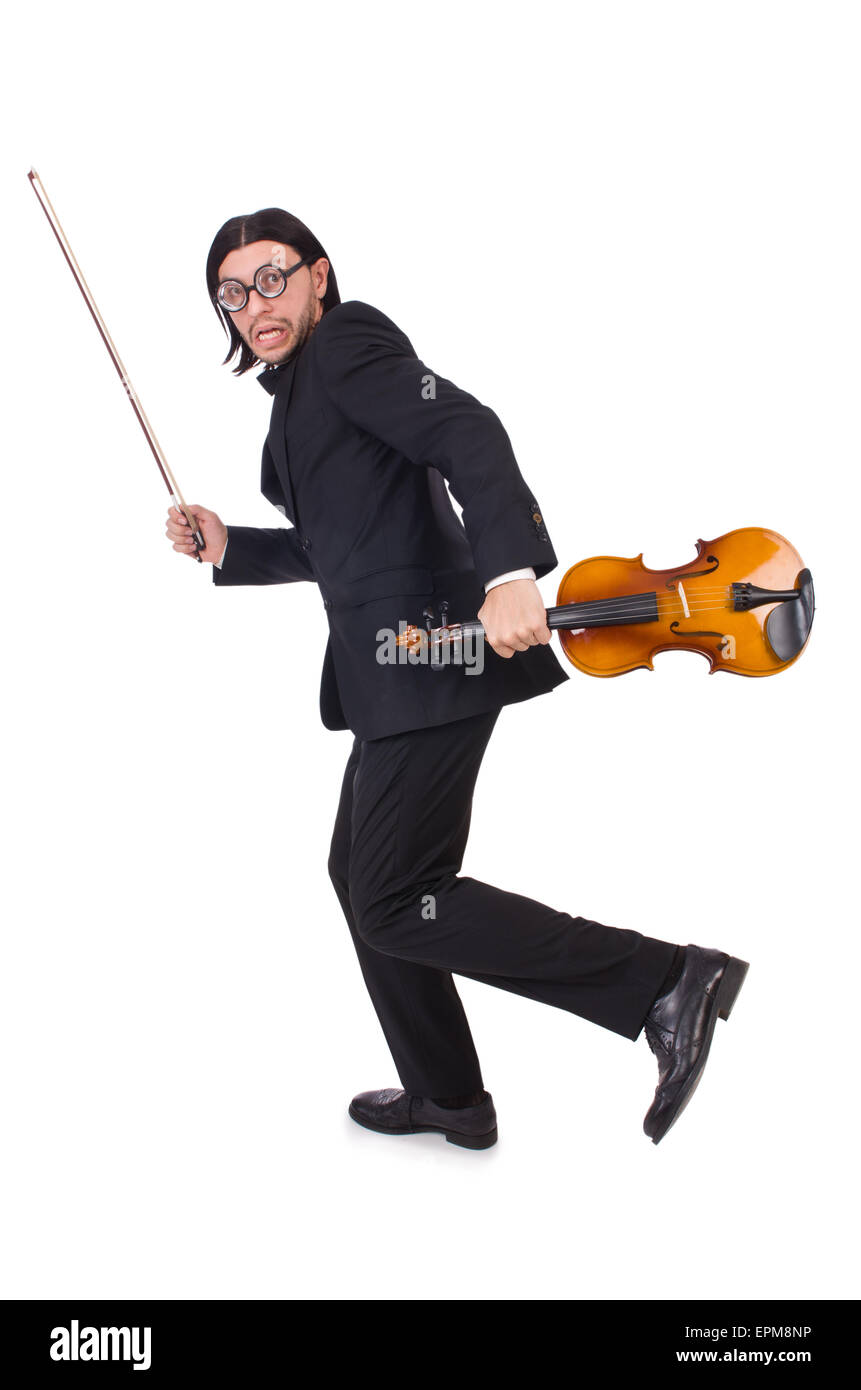 Funny man with music instrument on white Stock Photo - Alamy