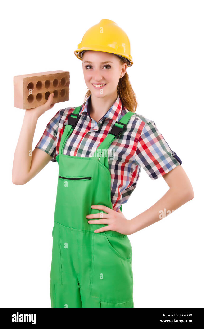 Woman with bricks isolated on white Stock Photo - Alamy