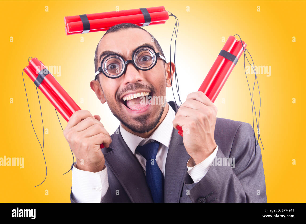 Businessman with dynamite isolated on white Stock Photo - Alamy