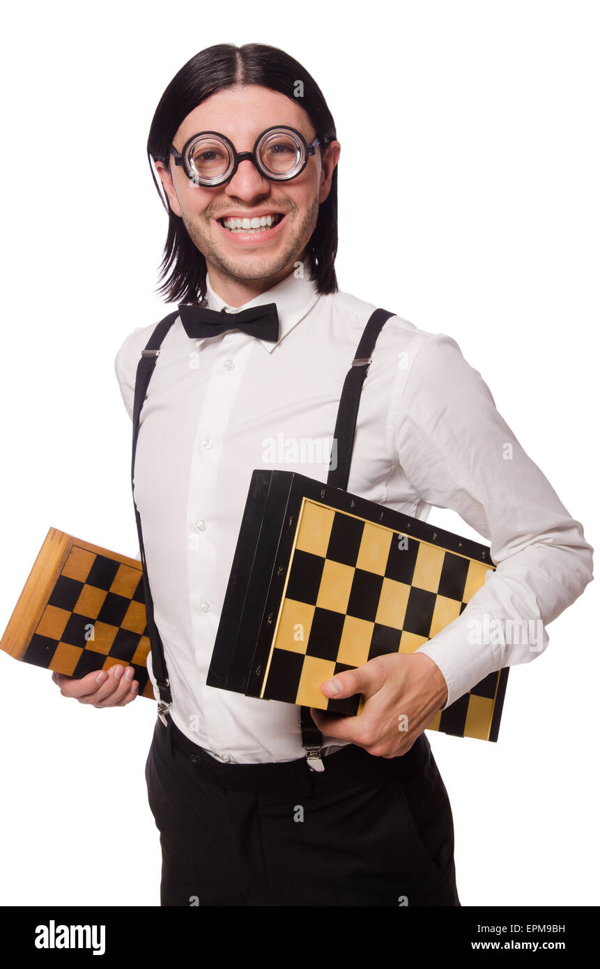 Nerd chess player isolated on white Stock Photo - Alamy