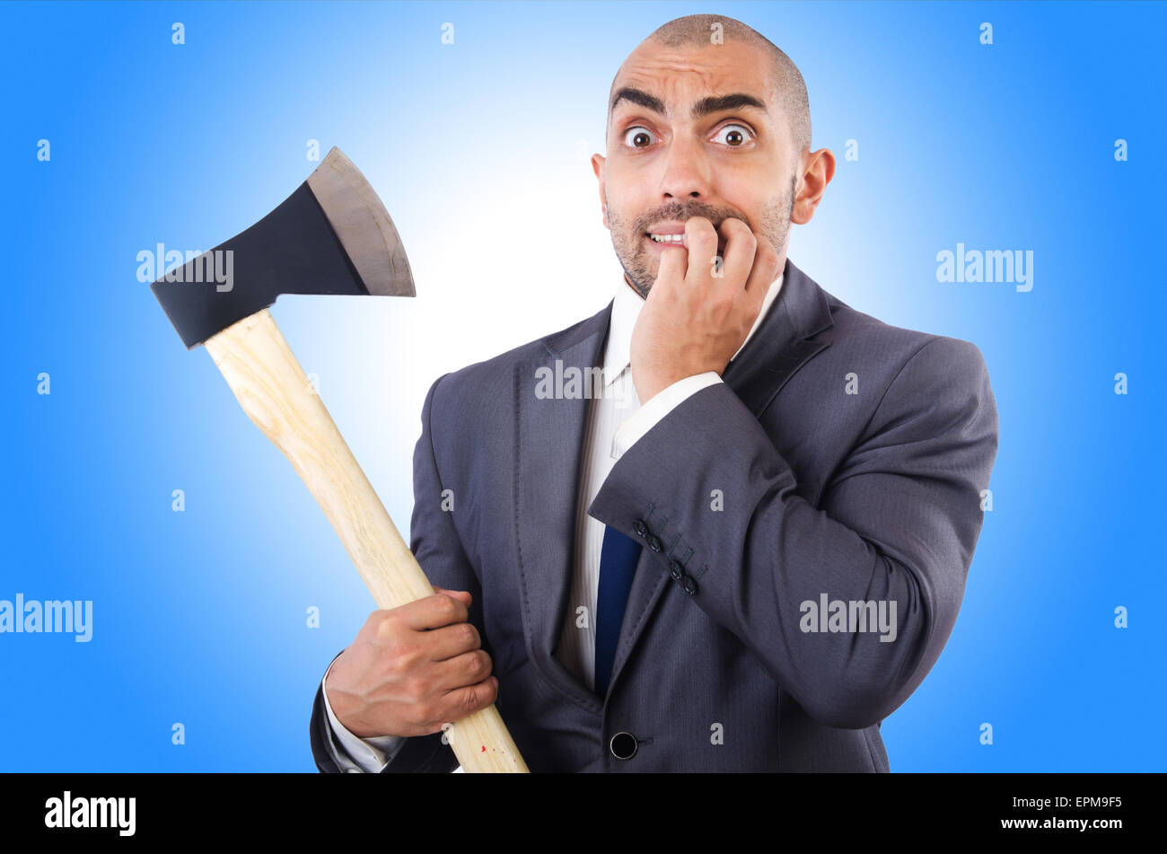 Funny businessman with axe on white Stock Photo - Alamy