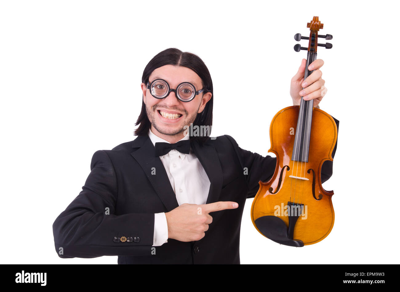 Funny man with music instrument on white Stock Photo - Alamy