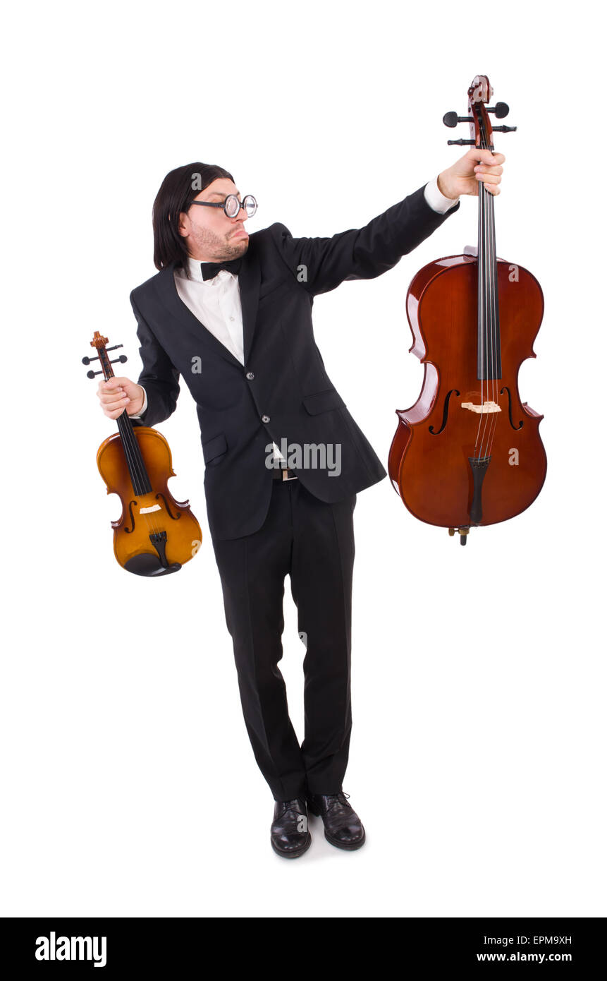 Funny man with music instrument on white Stock Photo - Alamy