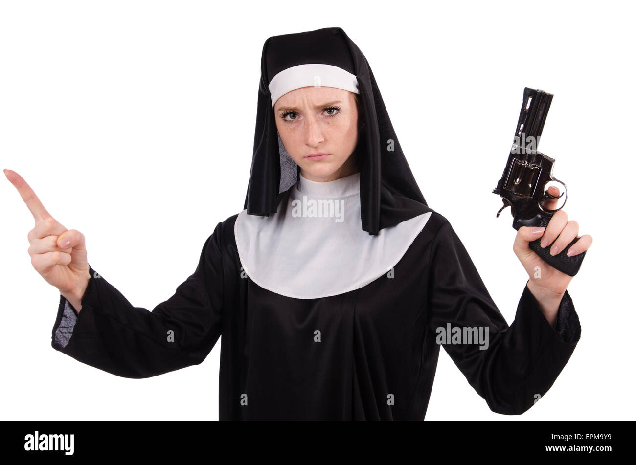 Nun with handgun isolated on white Stock Photo - Alamy