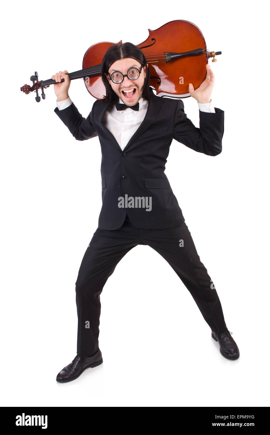 Funny man with music instrument on white Stock Photo - Alamy