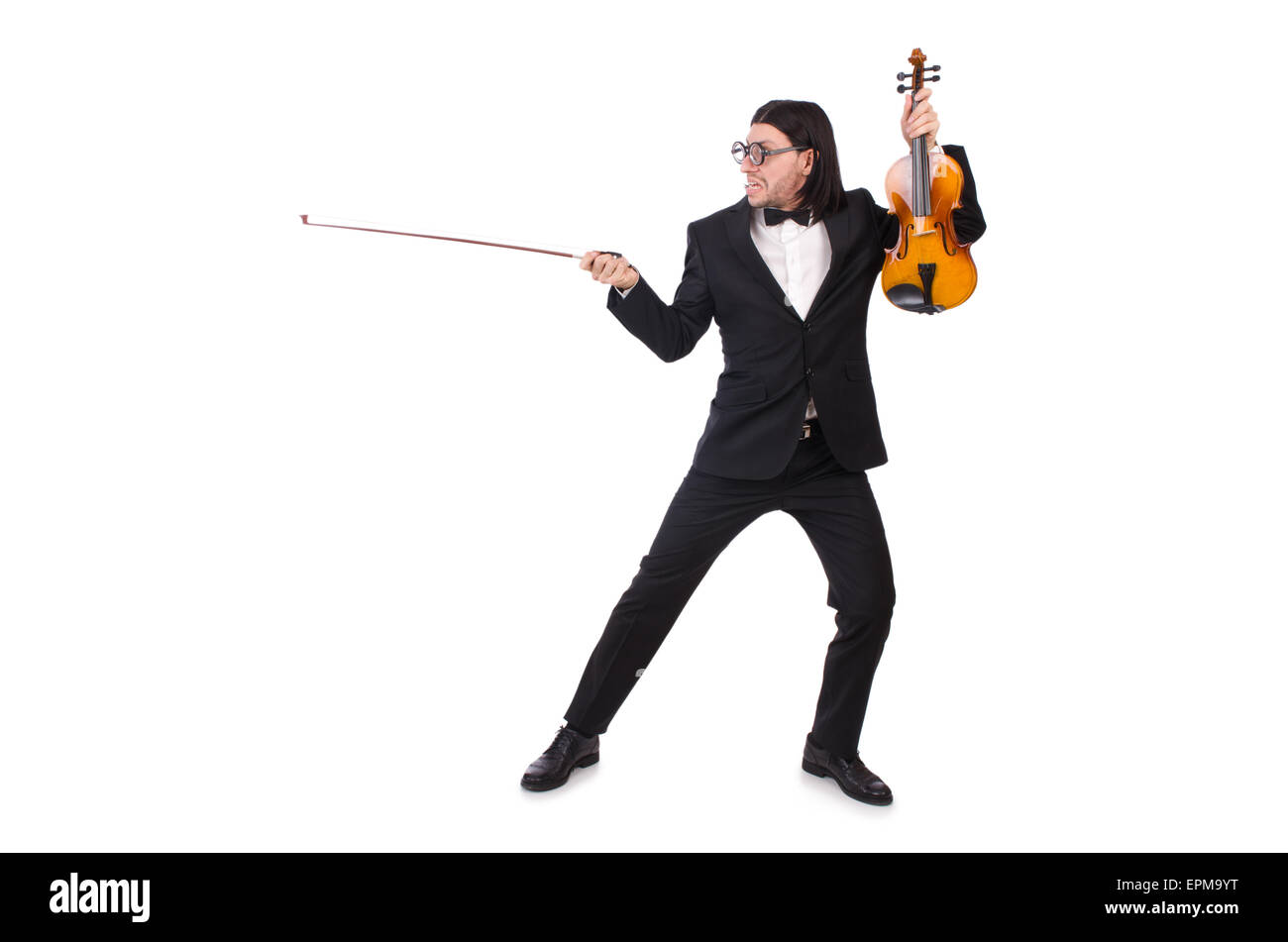 Funny man with music instrument on white Stock Photo - Alamy