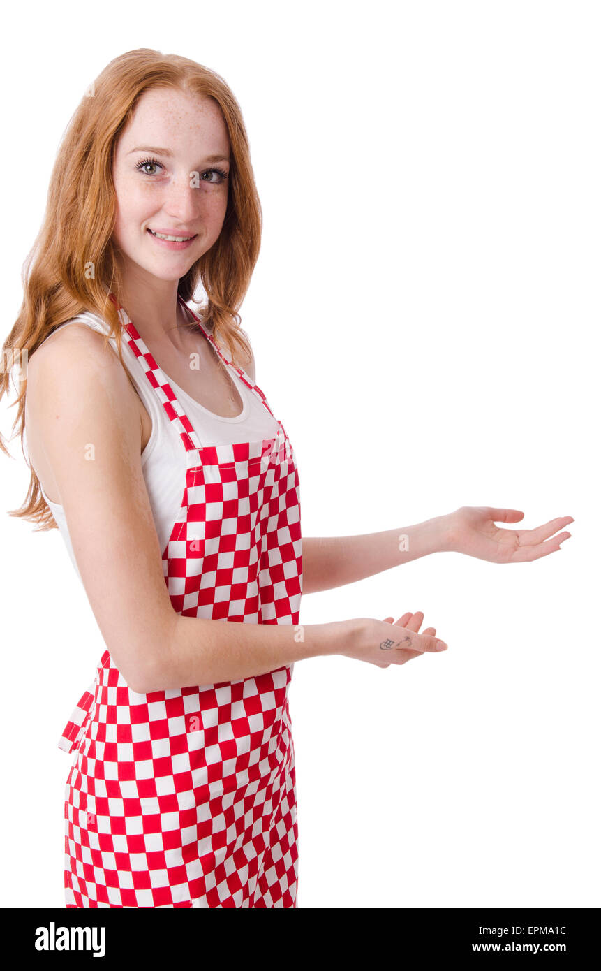 Young cook female pointing isolated on white Stock Photo - Alamy