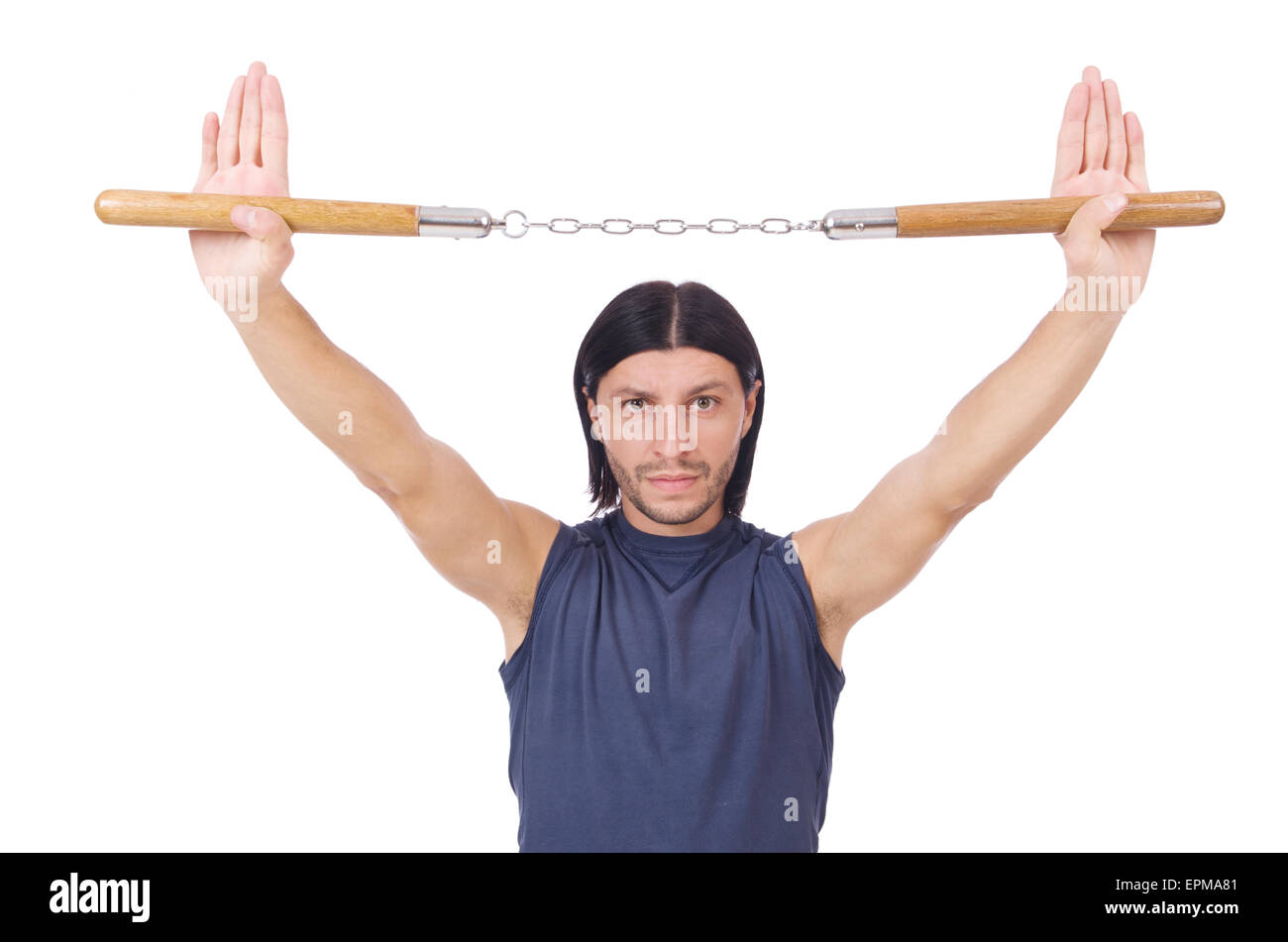 Funny karate fighter with nunchucks on white Stock Photo - Alamy