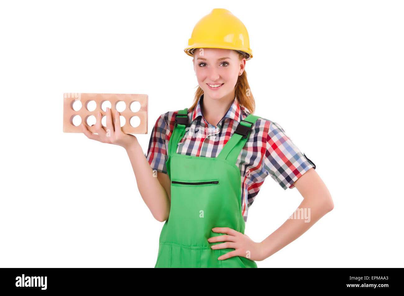 Woman with bricks isolated on white Stock Photo - Alamy