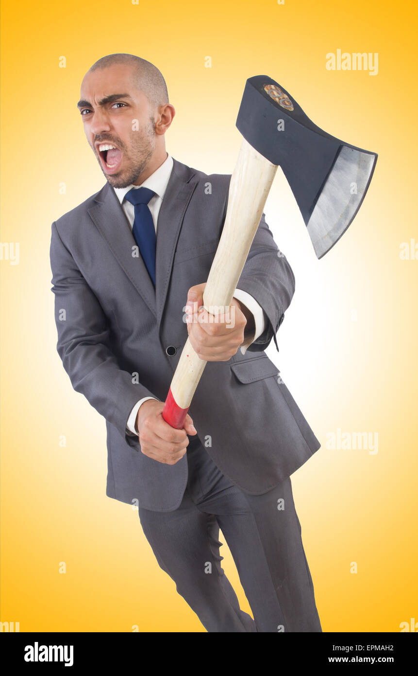 Funny businessman with axe on white Stock Photo - Alamy