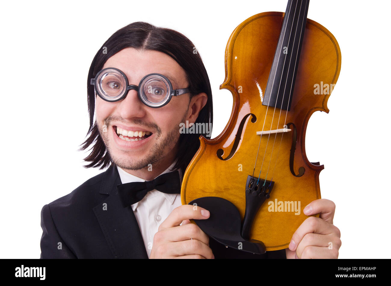 Funny man with music instrument on white Stock Photo - Alamy