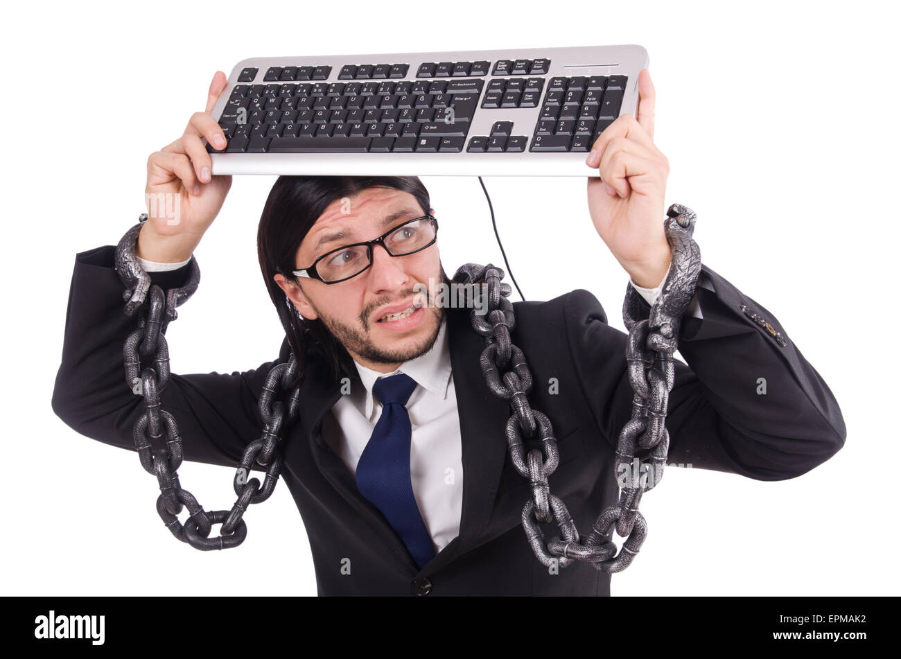 Businessman with keyboard isolated on white Stock Photo - Alamy