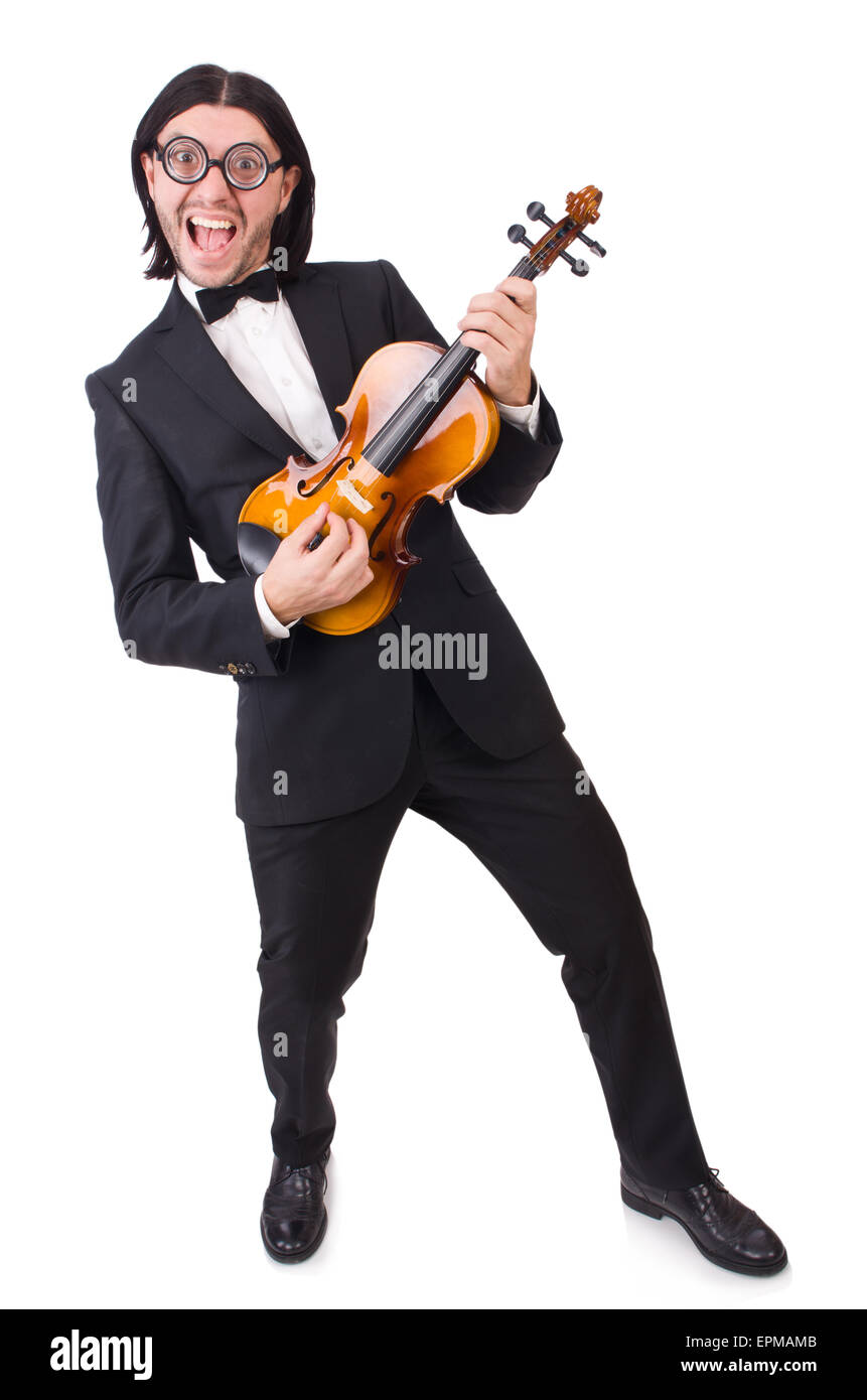 Funny man with music instrument on white Stock Photo - Alamy