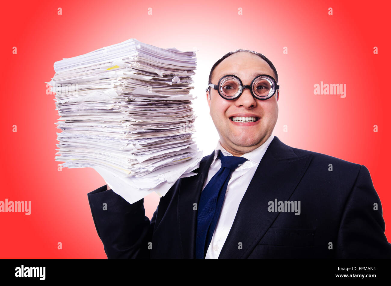 Funny man with lots of folders on white Stock Photo - Alamy