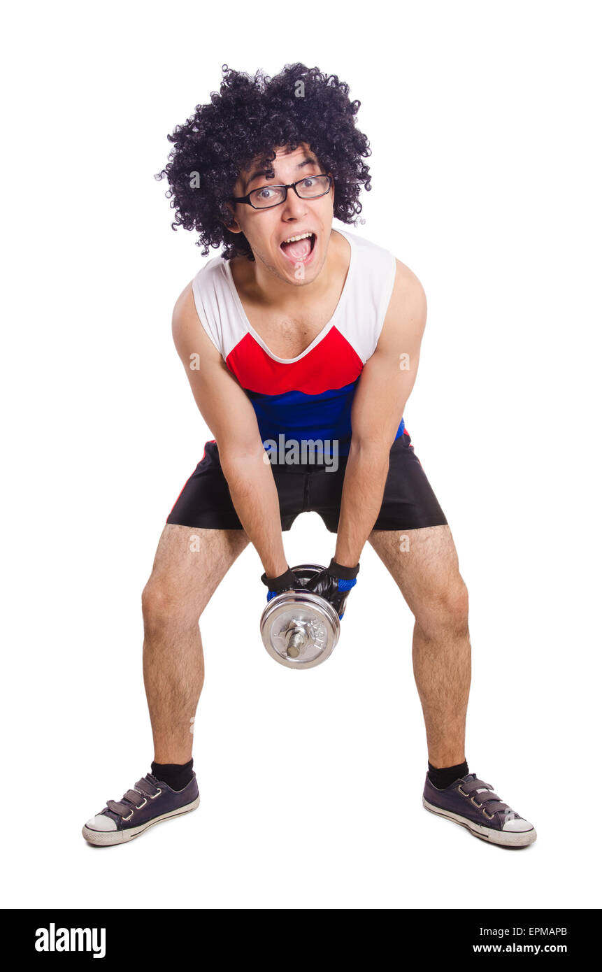 Funny man exercising with dumbbells Stock Photo - Alamy