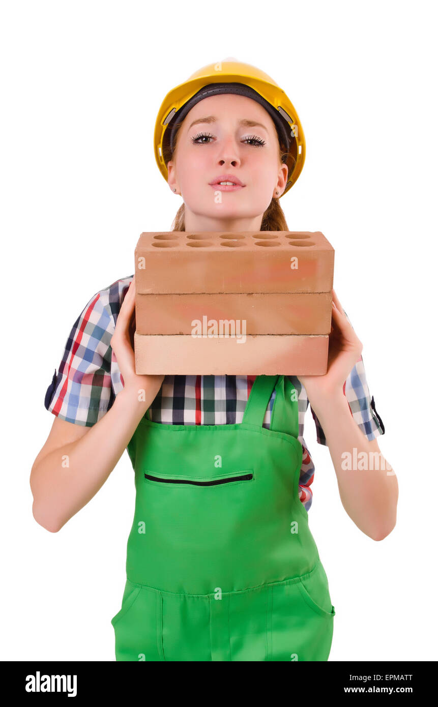 Woman with bricks isolated on white Stock Photo - Alamy