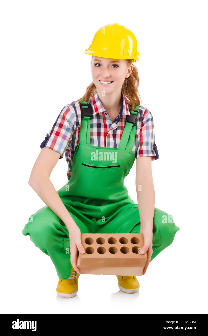 Woman with bricks isolated on white Stock Photo - Alamy