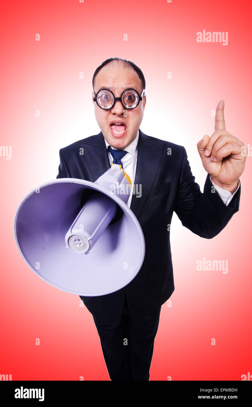 Funny man with loudspeaker on white Stock Photo - Alamy