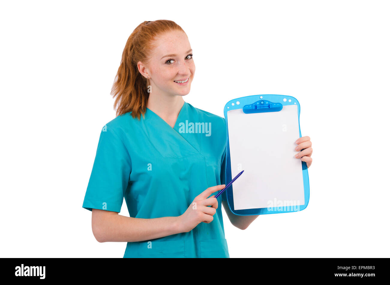 Careful nurse isolated on white Stock Photo - Alamy