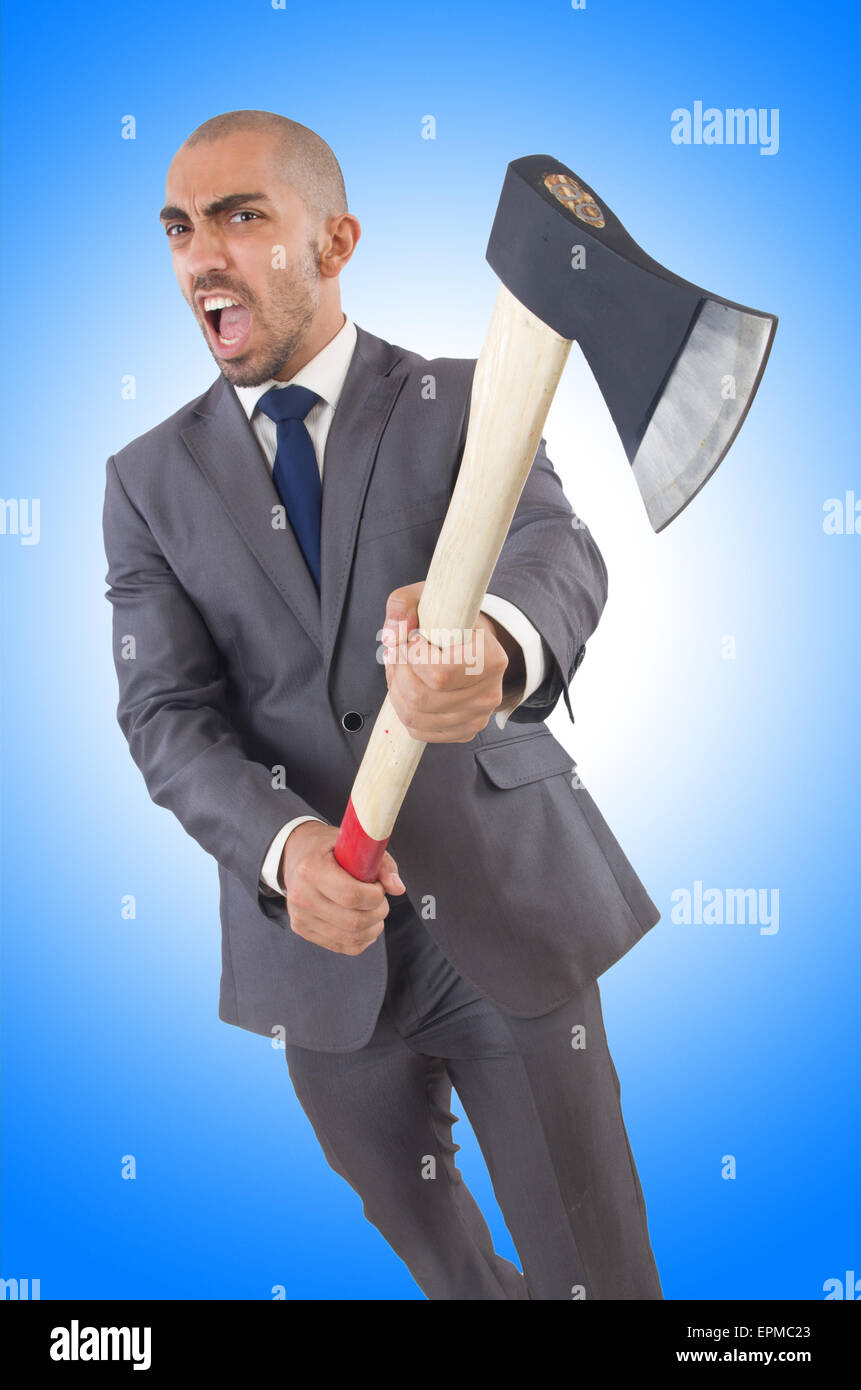 Funny businessman with axe on white Stock Photo - Alamy