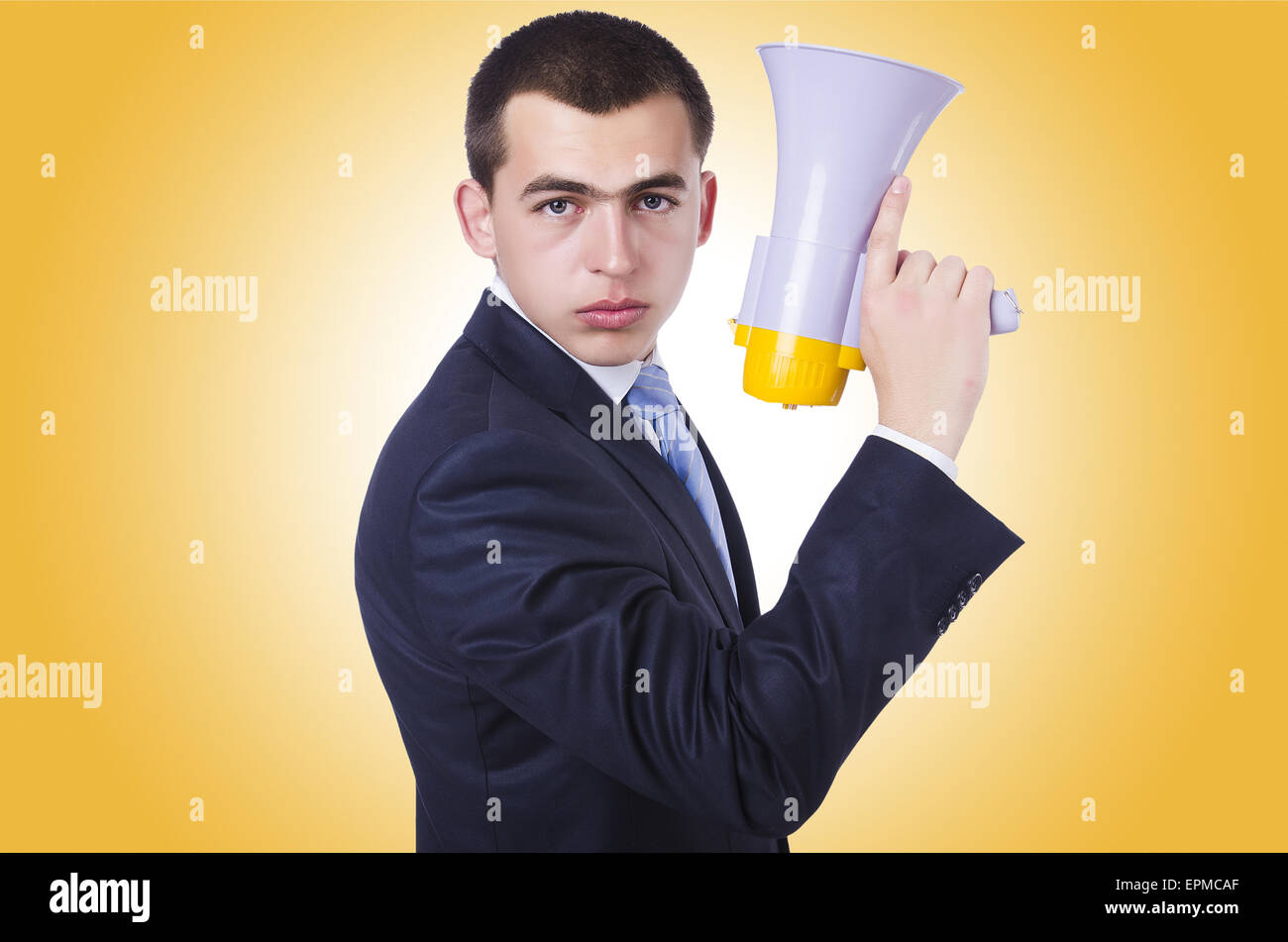 Man with loudspeaker isolated on white Stock Photo - Alamy