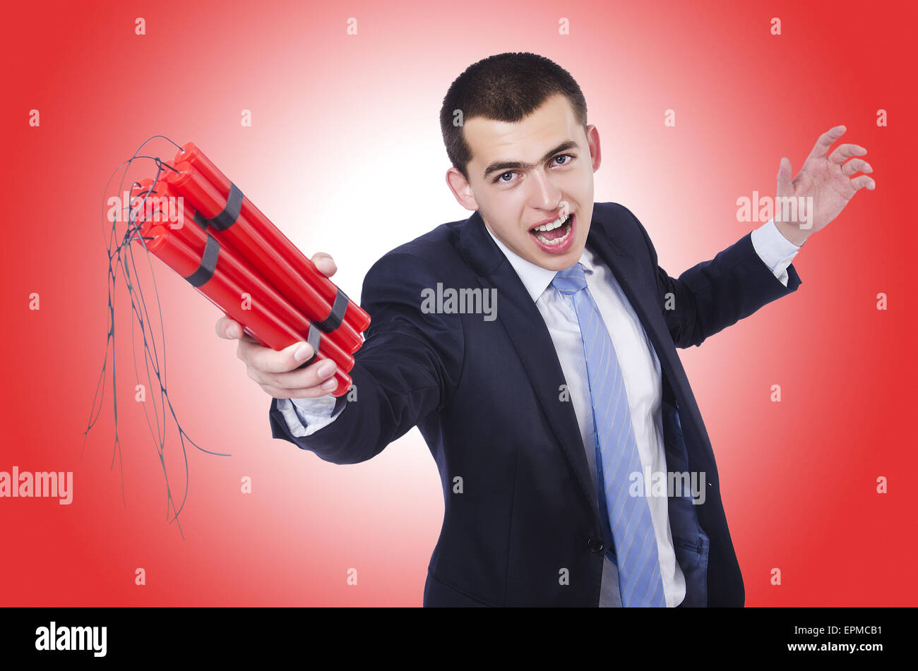 Businessman with dynamite isolated on white Stock Photo - Alamy